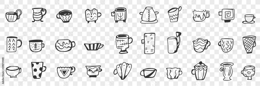 Tea cups and mugs doodle set. Collection of hand drawn various stylish ...