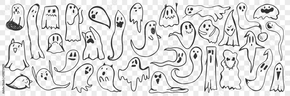 Ghost doodle set. Collection of hand drawn cute scary spooky ghosts of ...