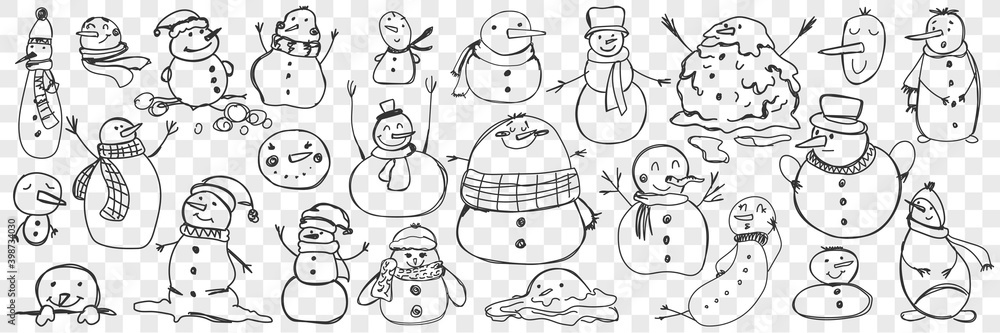 Snowman doodle set. Collection of funny hand drawn cute snowmen in ...