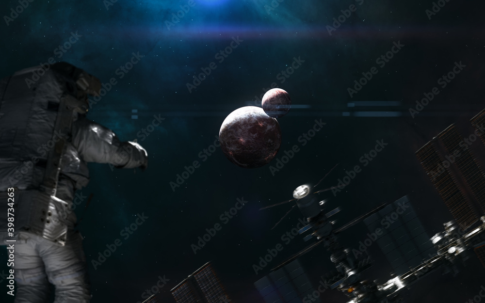 Distant planets in depths of dark space. Astronaut out of focus, motion ...