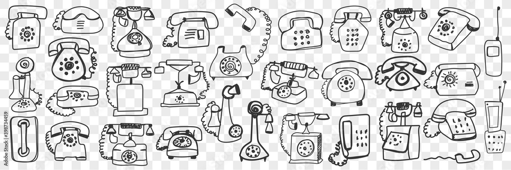 Telephone set doodle set. Collection of hand drawn retro vintage ...