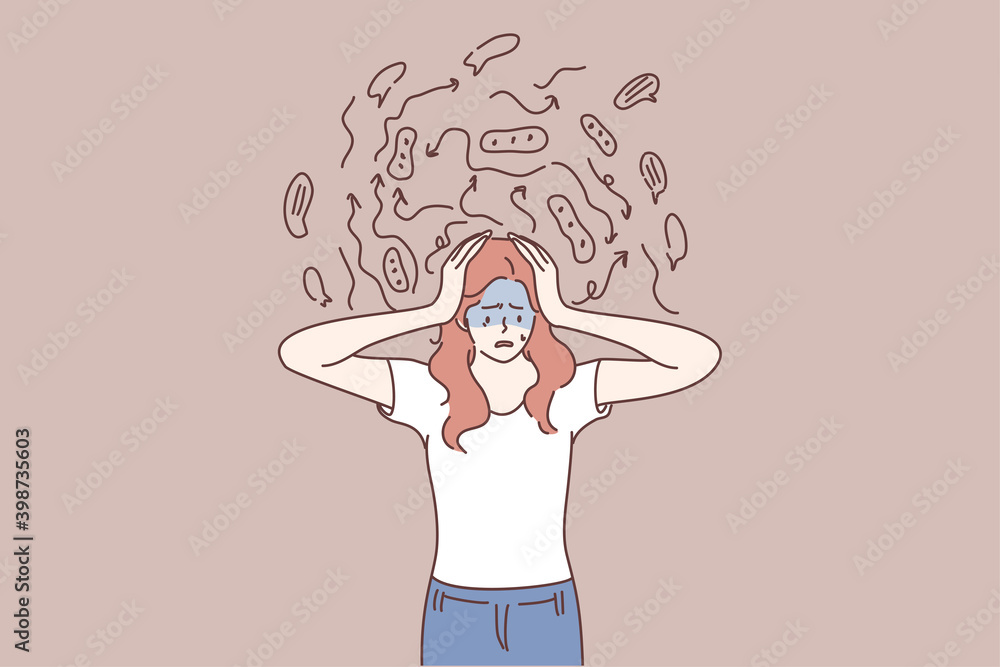 Mental chaos, frustration, anxiety concept. Frustrated woman cartoon ...