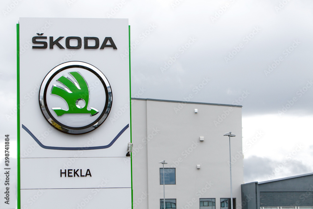 Skoda logo at a Skoda dealership in Reykjavik. Stock Photo | Adobe Stock