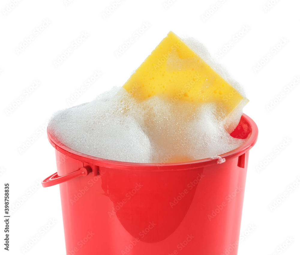 Plastic bucket with foam and sponge isolated on white. Cleaning ...