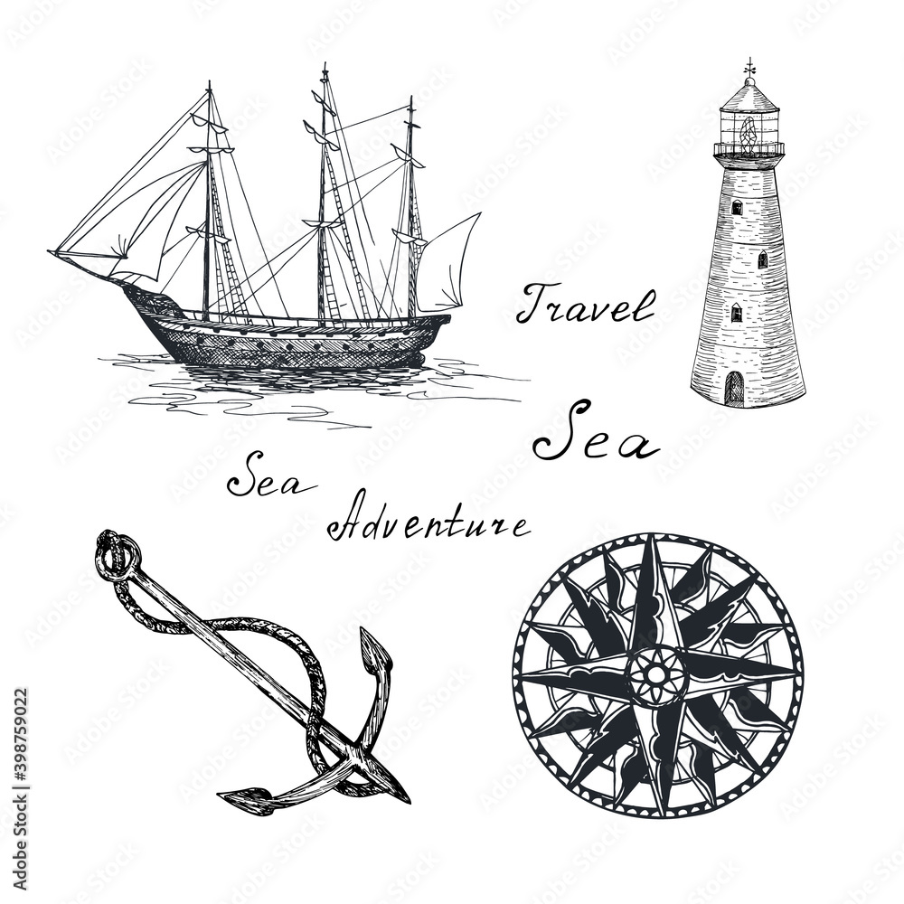 Nautical set. Hand drawn black realistic outline vector illustration ...
