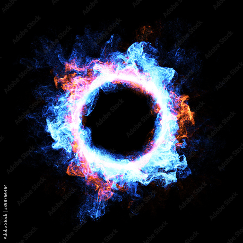 Abstract neon flame, smoke and plasma effect around a circle. Perfect ...