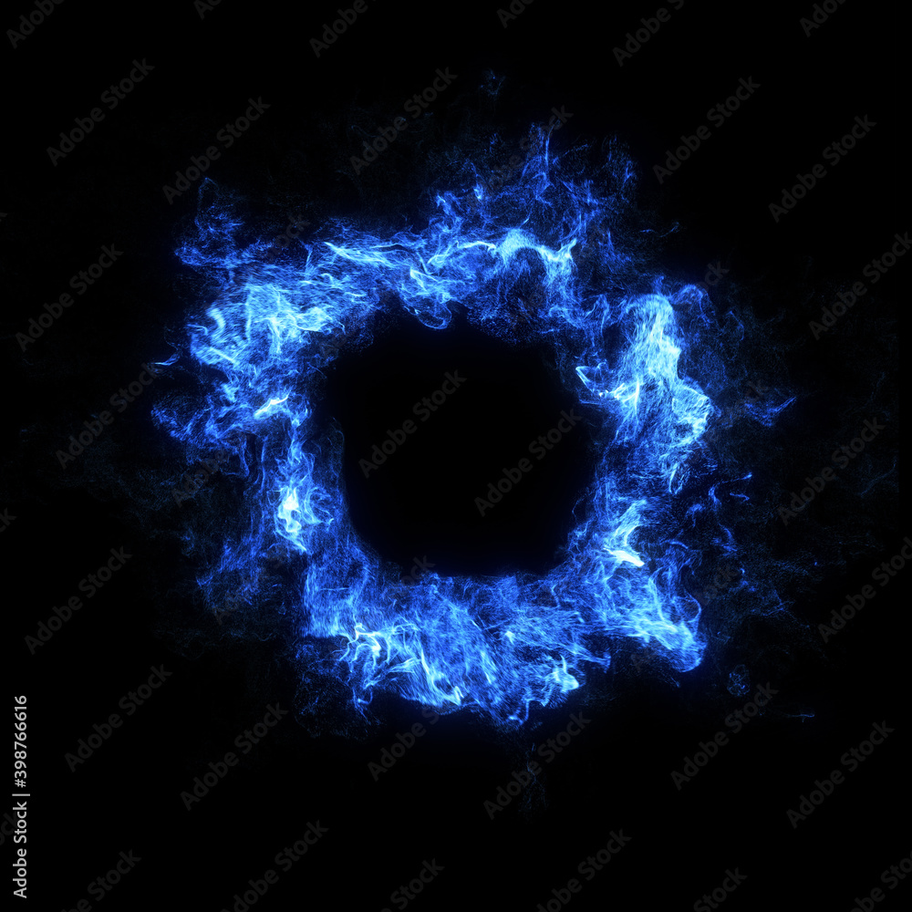 Abstract blue neon flame, smoke and plasma effect around a circle ...