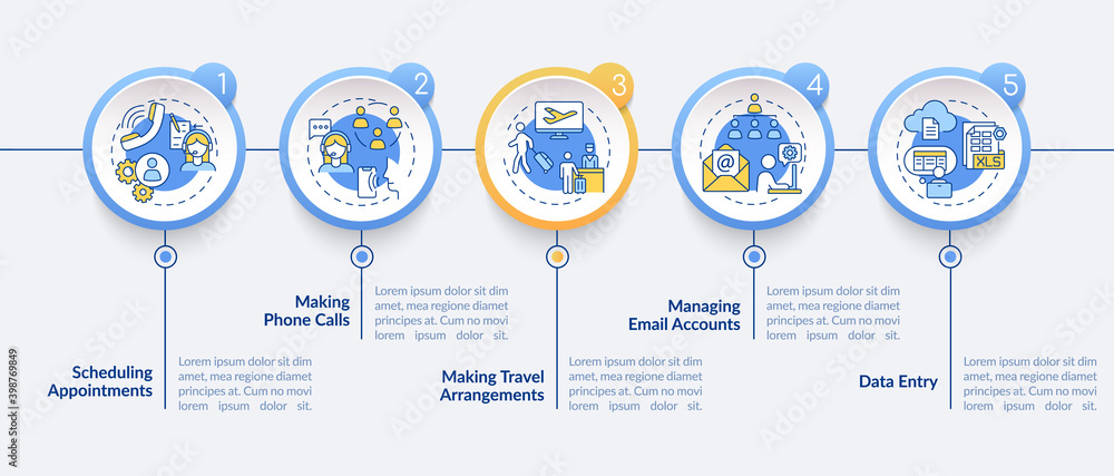 Vetor de Virtual assistant tasks vector infographic template. VA ...