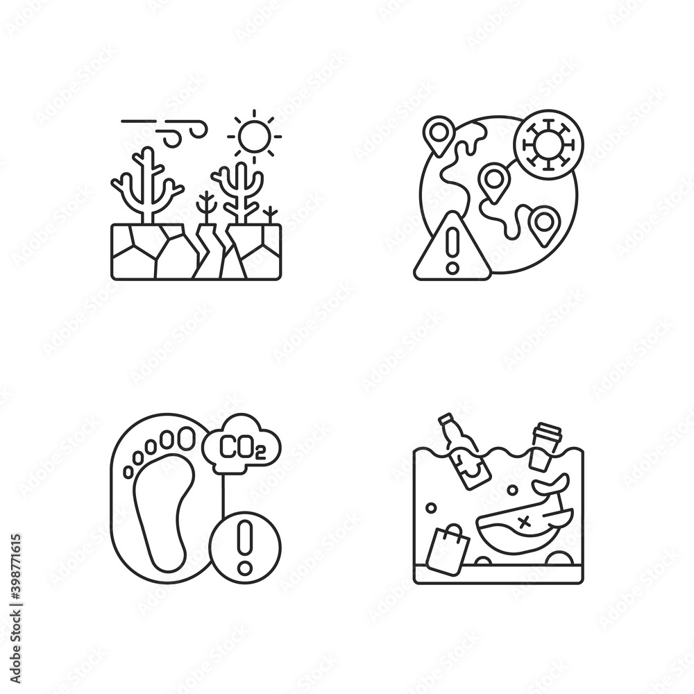 Global warming linear icons set. Climate changing because of human ...