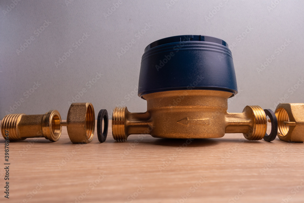 Household flow meter for cold water, blue, complete with connecting ...