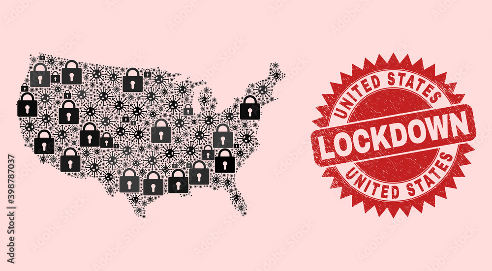 Vector Viral lockdown collage United States map and scratched watermark ...