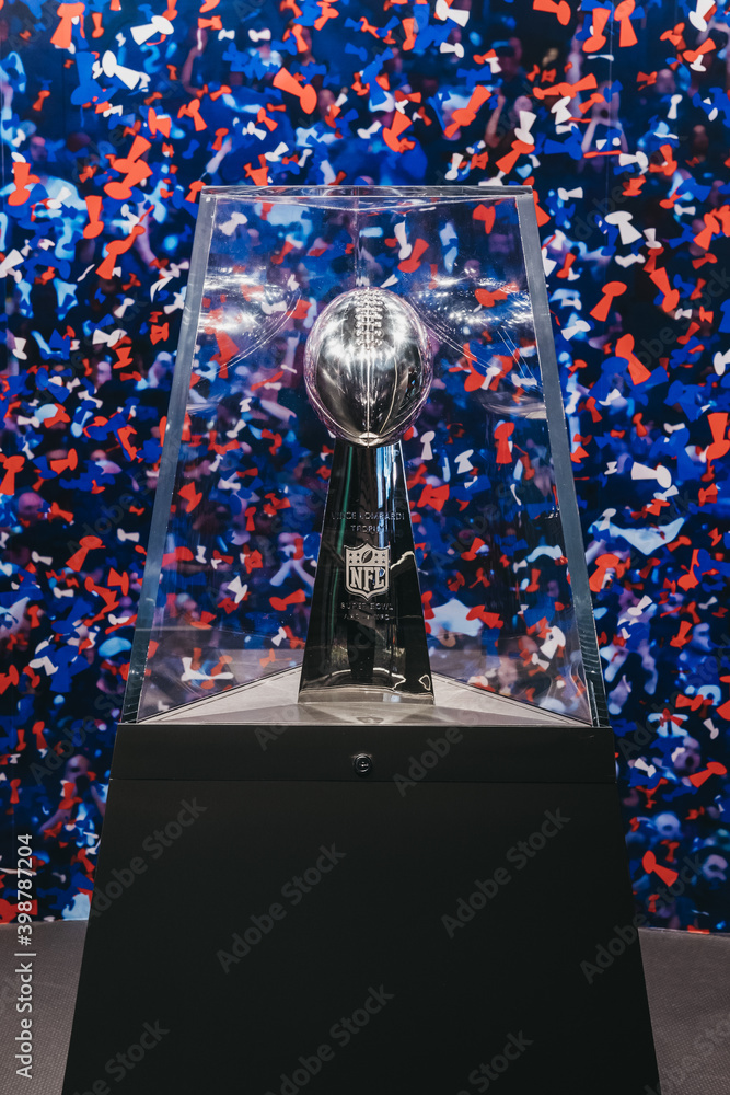 New York, USA - May 28, 2018: Superbowl trophy on display in NFL ...