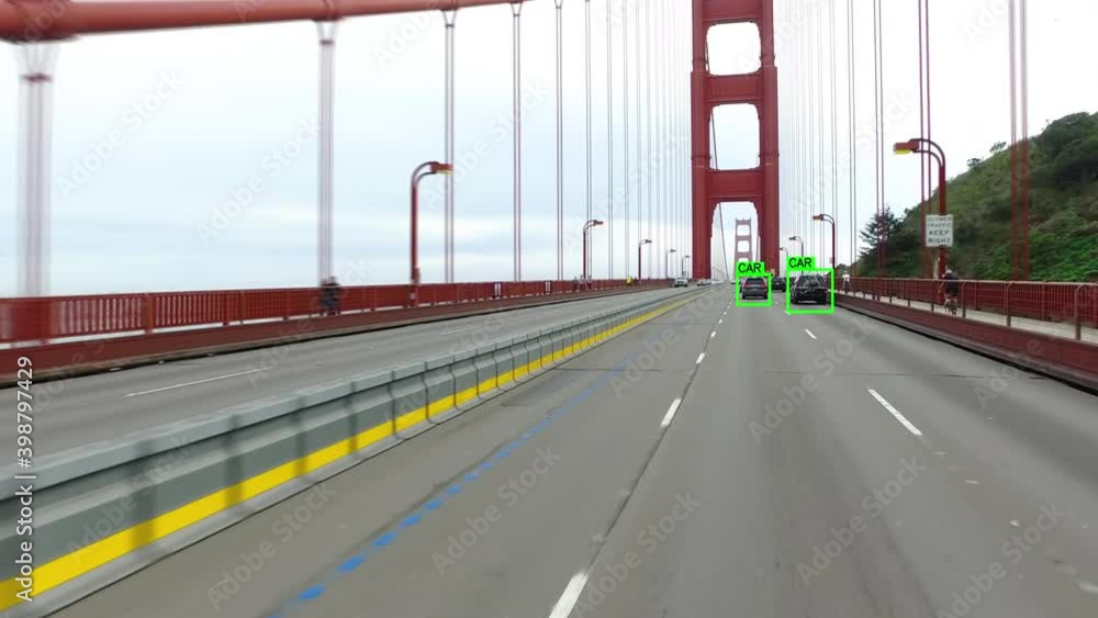Autonomous car driving through the Golden Gate Bridge in San Francisco ...