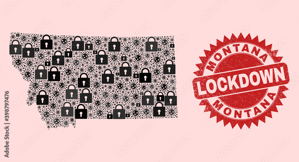 Vector pandemic lockdown collage Montana State map and textured stamp ...