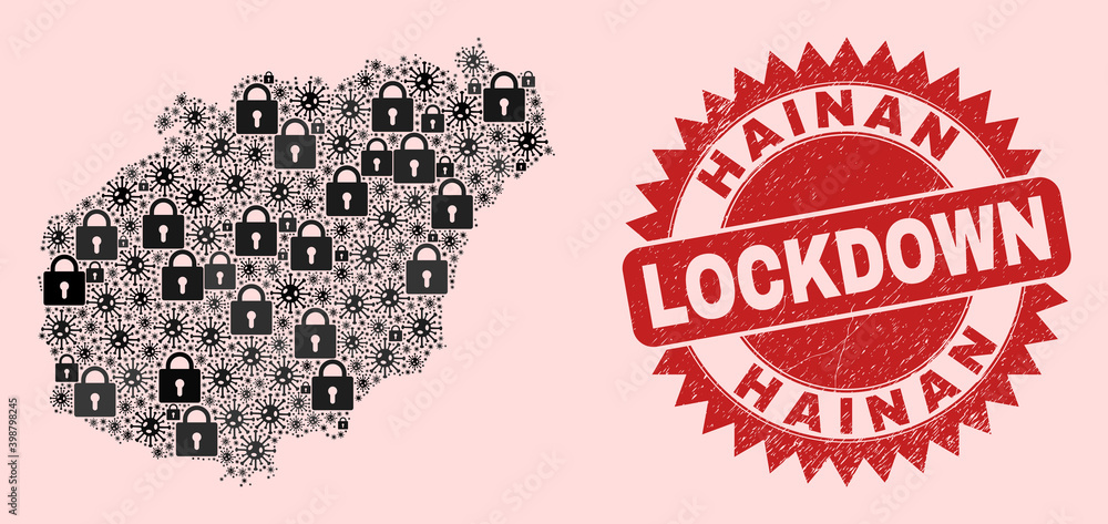 Vetor de Vector pandemic lockdown collage Hainan map and textured seal ...
