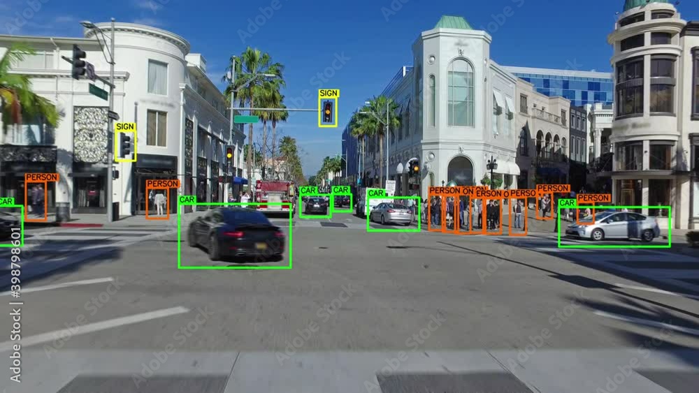 Autonomous car driving through Los Angeles. Computer vision with object ...