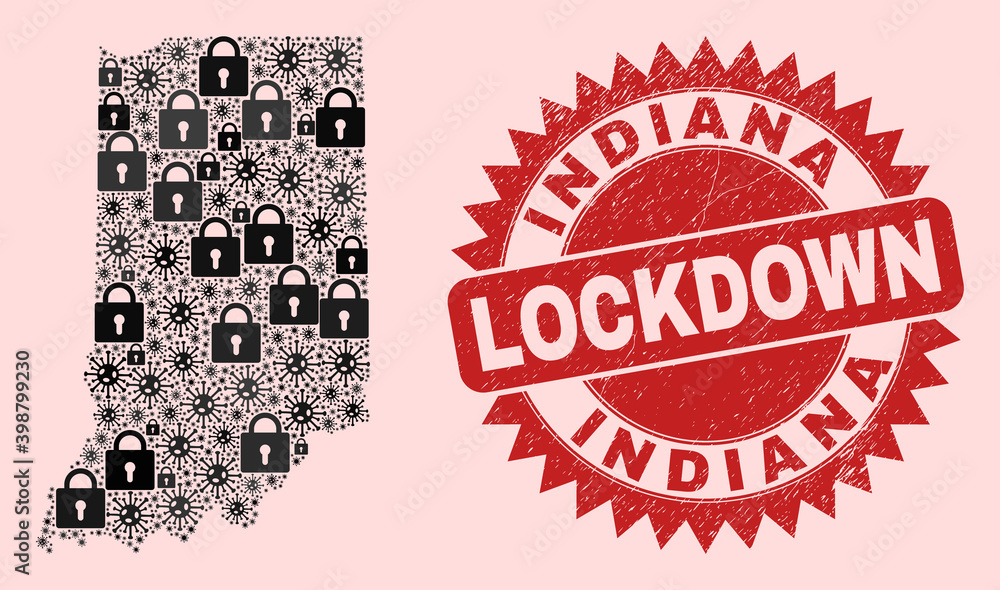 Vector Covid lockdown collage Indiana State map and rubber stamp ...