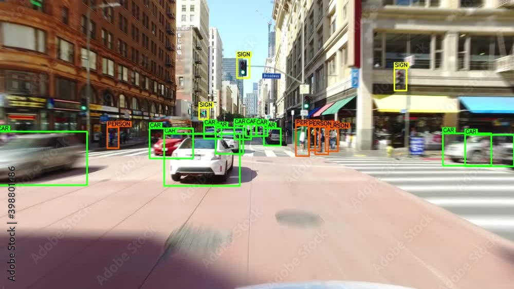 Autonomous car driving through a crowded street in Los Angeles ...