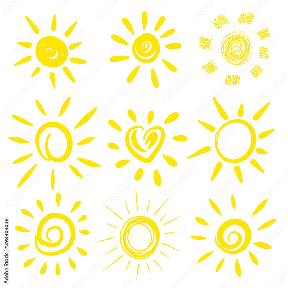 set of 9 drawings of yellow sun by hand on a white background. isolate ...