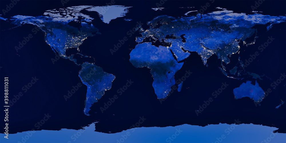 World by night map. Detailed flat dark map of continents and oceans ...