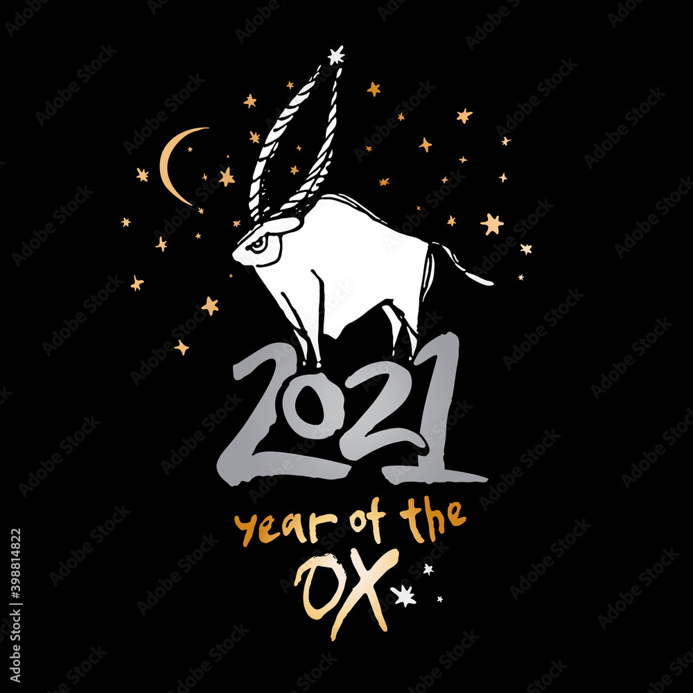 Beautiful card white bull and gold stars on a black background. Year of ...