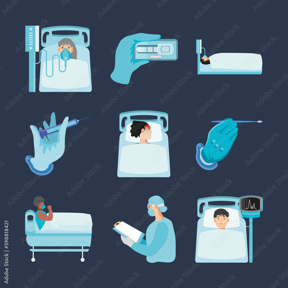 coronavirus covid 19 patients test staff medical icons set Stock Vector ...