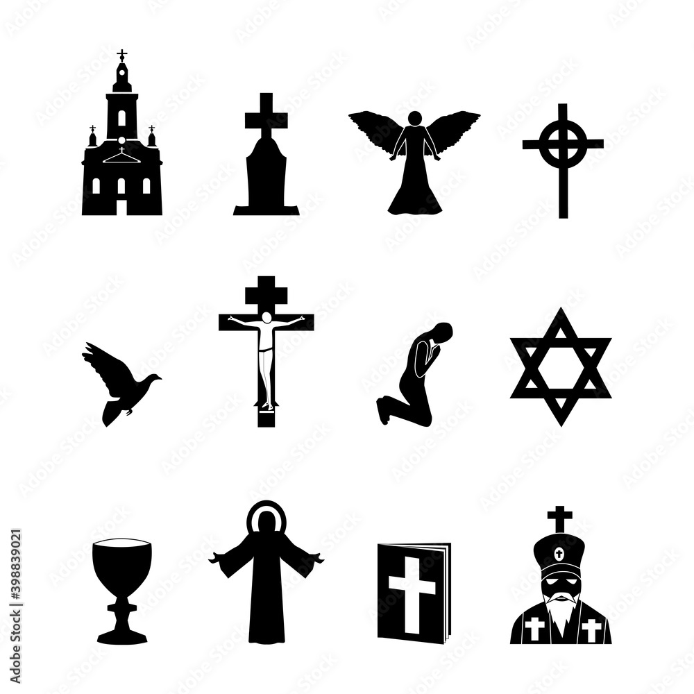 Religious symbol glyph icon set with christian cross, Islam crescent ...