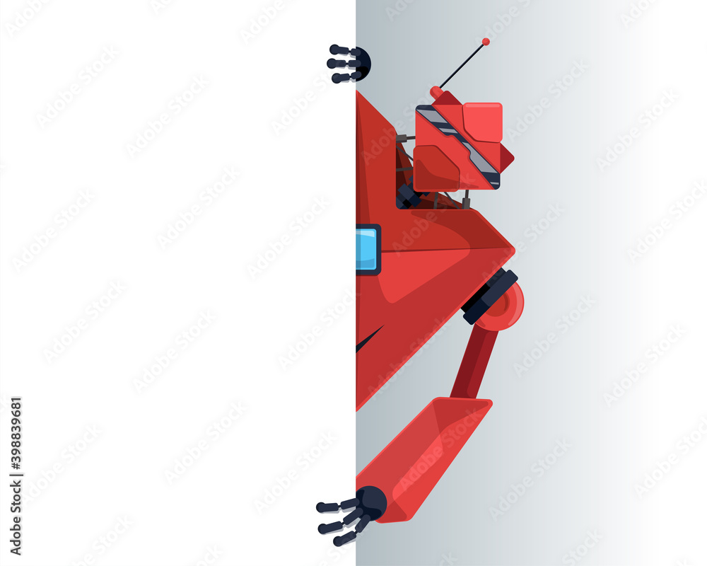 Cute robot peeks look out behind corner blank poster space for text ...