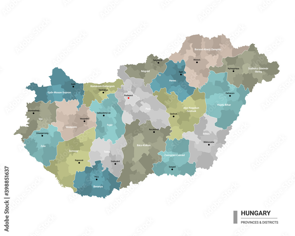 Hungary higt detailed map with subdivisions. Administrative map of ...