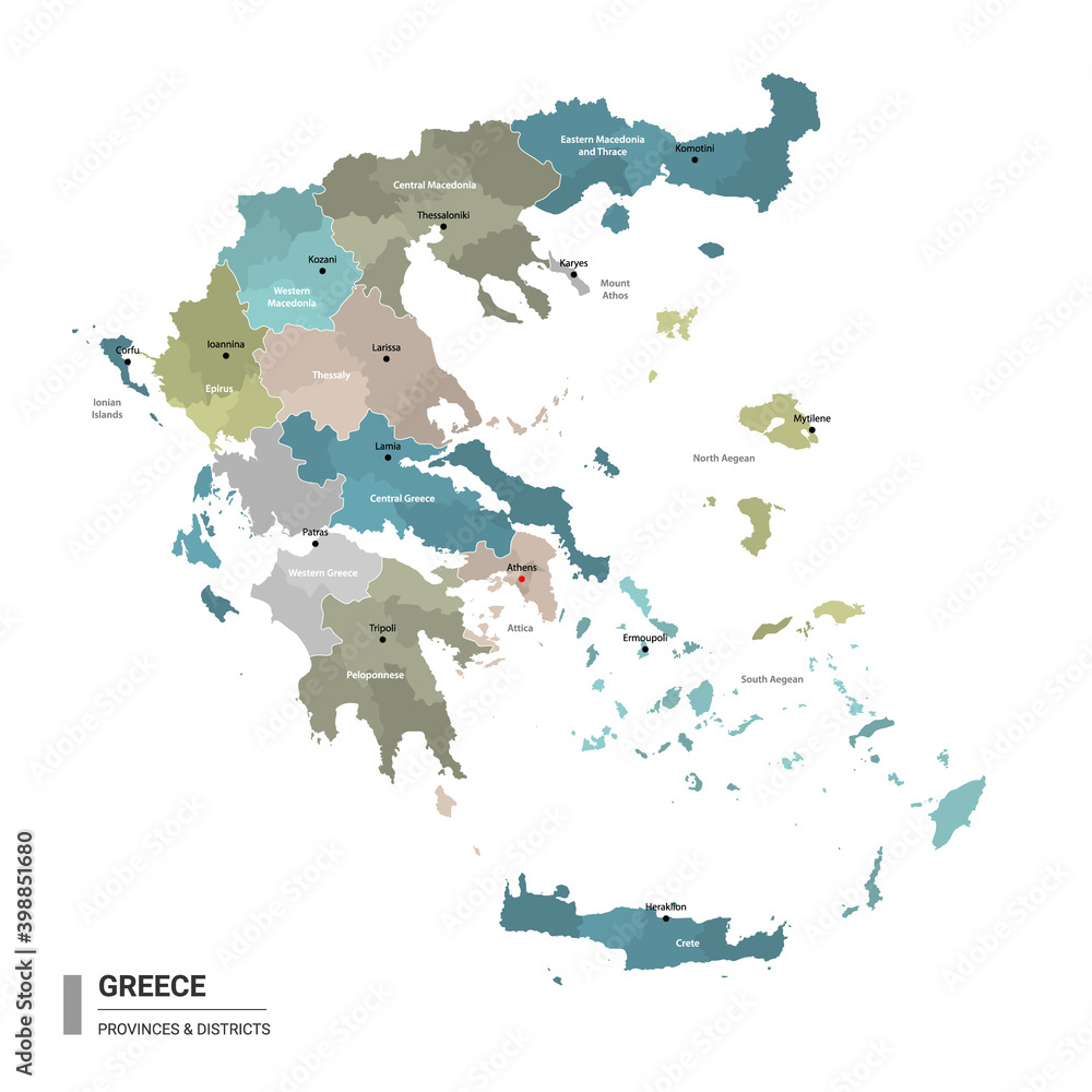 Greece higt detailed map with subdivisions. Administrative map of ...