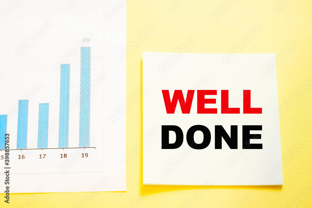 WELL DONE text with green paper. Chart on a yellow background. Stock ...
