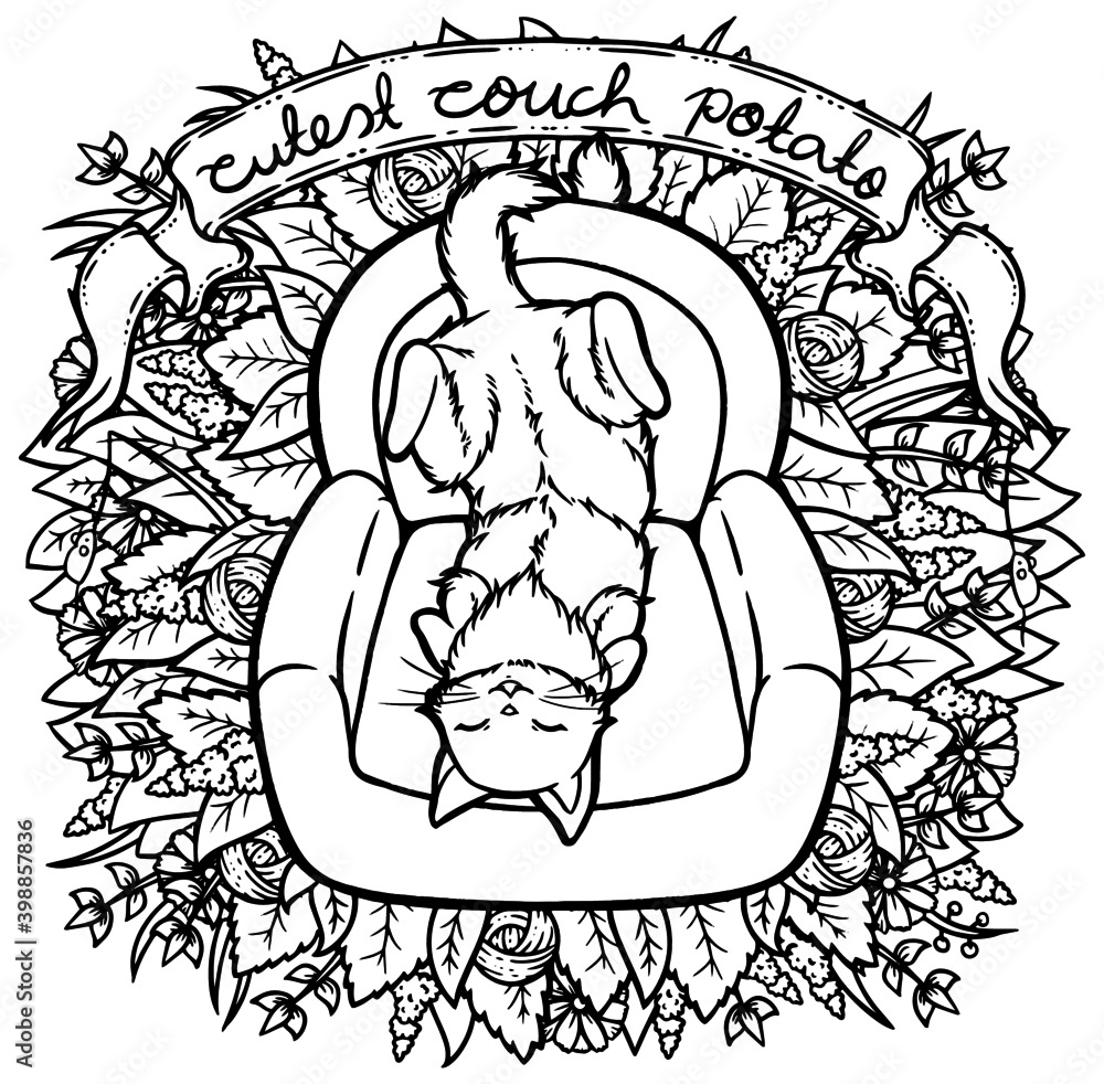 Cute Couch Potato Cat Vector Line Art Drawing/Illustration Stock Vector ...