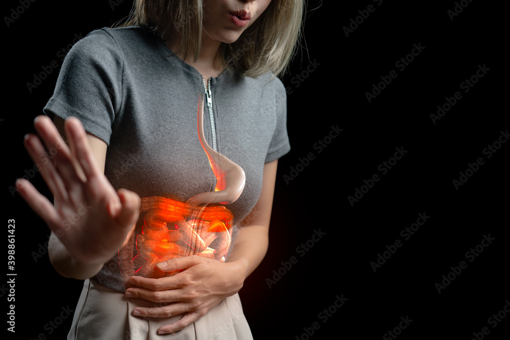 Abdominal pain woman, photo of large intestine on woman body ...