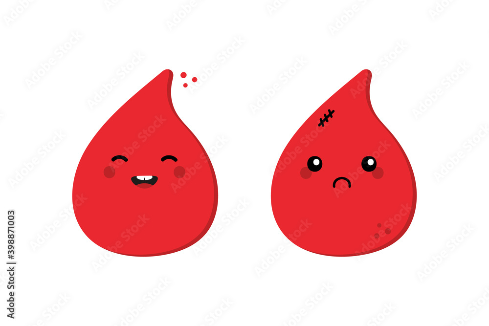 Cute cartoon style red blood drops characters with different emotions ...