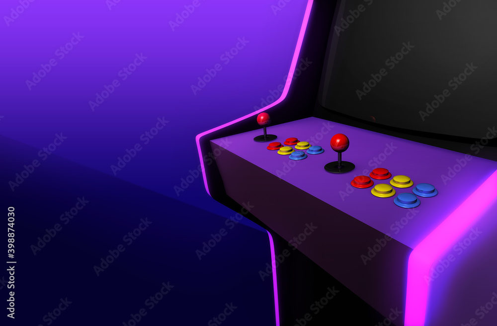 3D render retro gaming concept. Close up to the joysticks of an old ...
