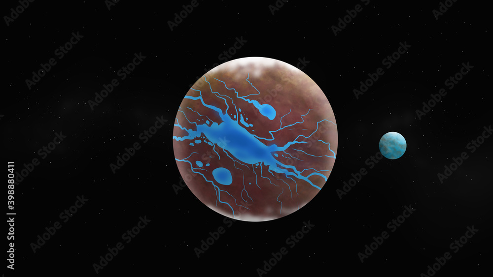 Blue ice planet art illustration. Big water planet with two moons ...