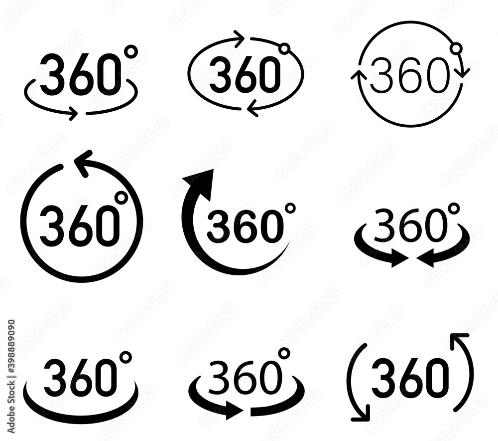 360 Degrees View Vector set. Signs with arrows to indicate the rotation ...