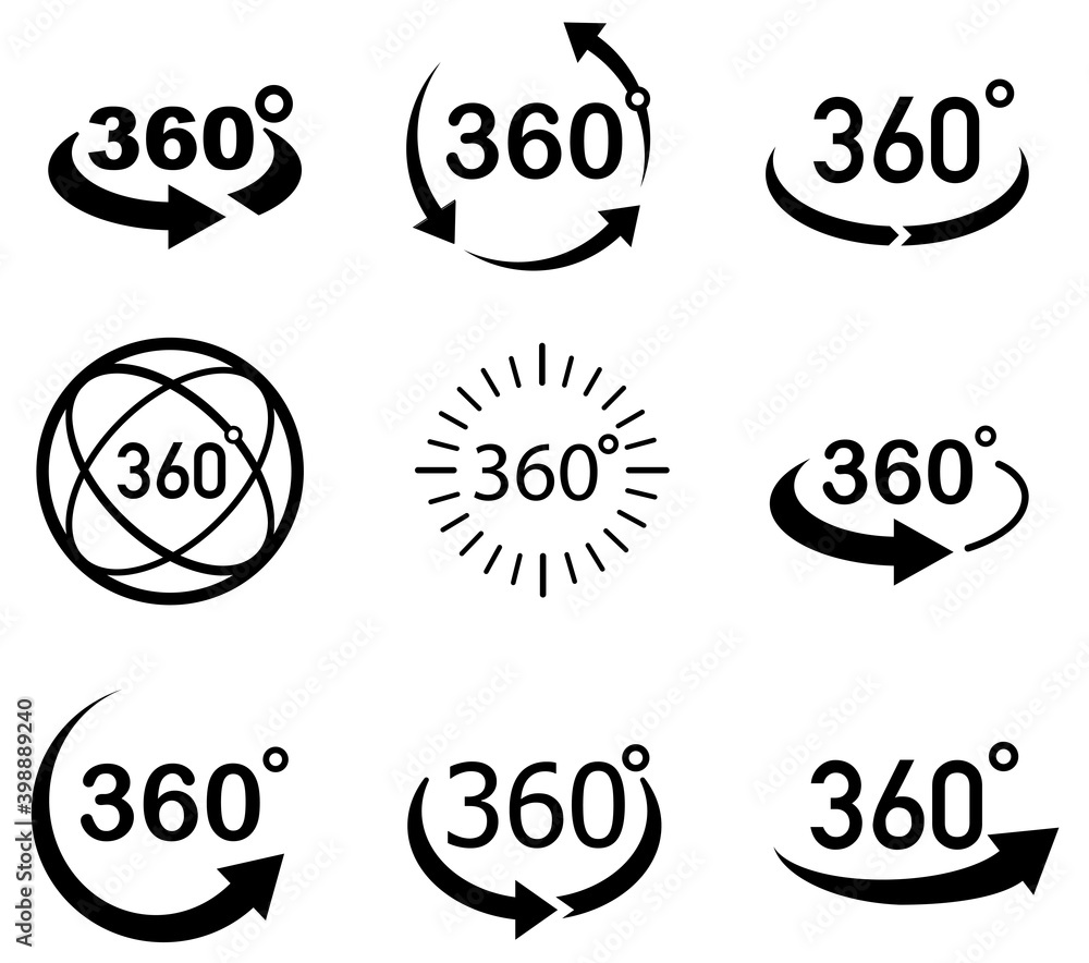 360 Degrees View Vector set. Signs with arrows to indicate the rotation ...