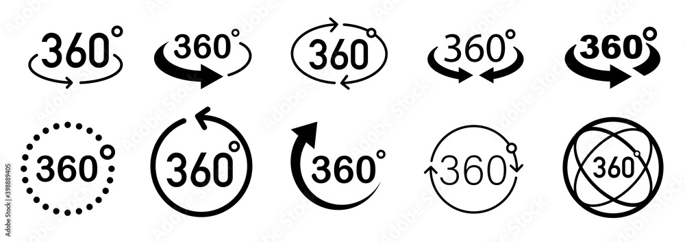 360 Degrees View Vector set. Signs with arrows to indicate the rotation ...