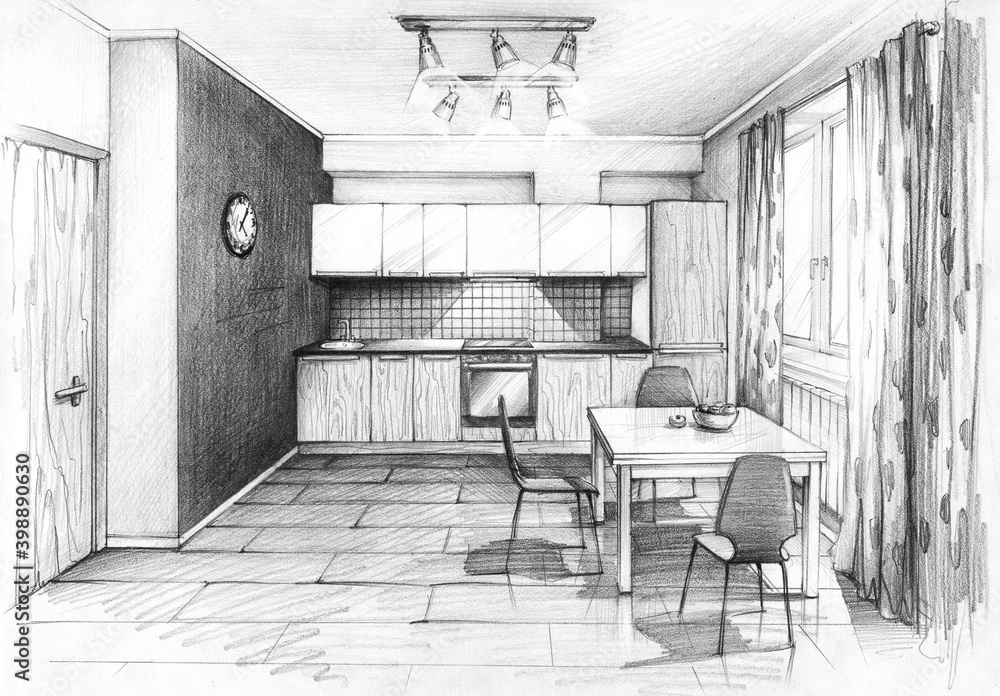 interior sketch apartment design kitchen in modern style view of the ...