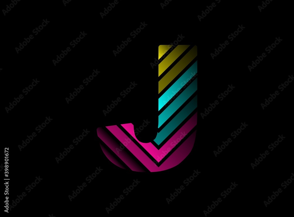 J letter font logo with cmyk color. Dynamic split blue, pink, yellow ...