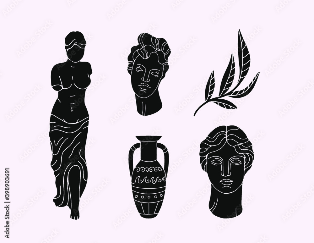 Greek marble statues aesthetic vector hand drawn illustration set ...