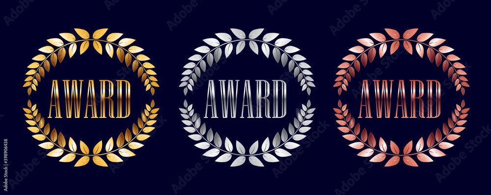 Golden, silver and bronze Award Laurel Wreath isolated on dark ...
