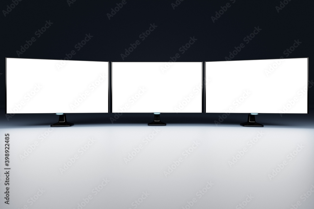 3D illustration mock up of a three monitors with white screen in black ...