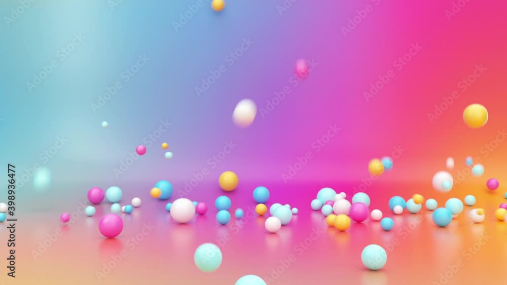3d render, assorted colorful balls falling down inside empty room ...