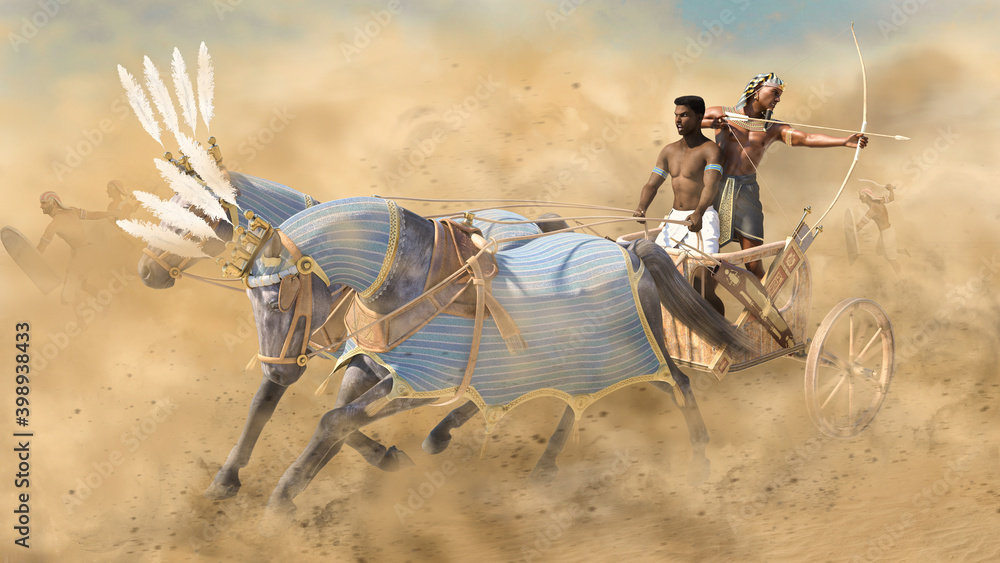 Ancient Egyptian war chariot in battle with archer and driver Stock ...