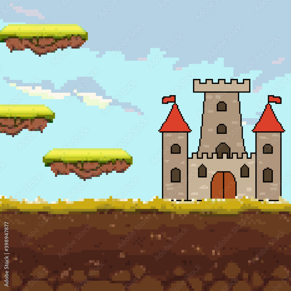 Pixel castle. Pixel art game background. Ground, grass, sky, castle and ...