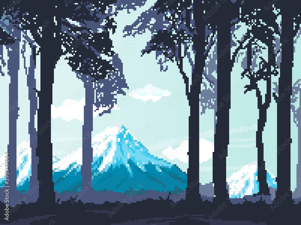 Vektorová grafika „Pixel background with forest for games and mobile ...