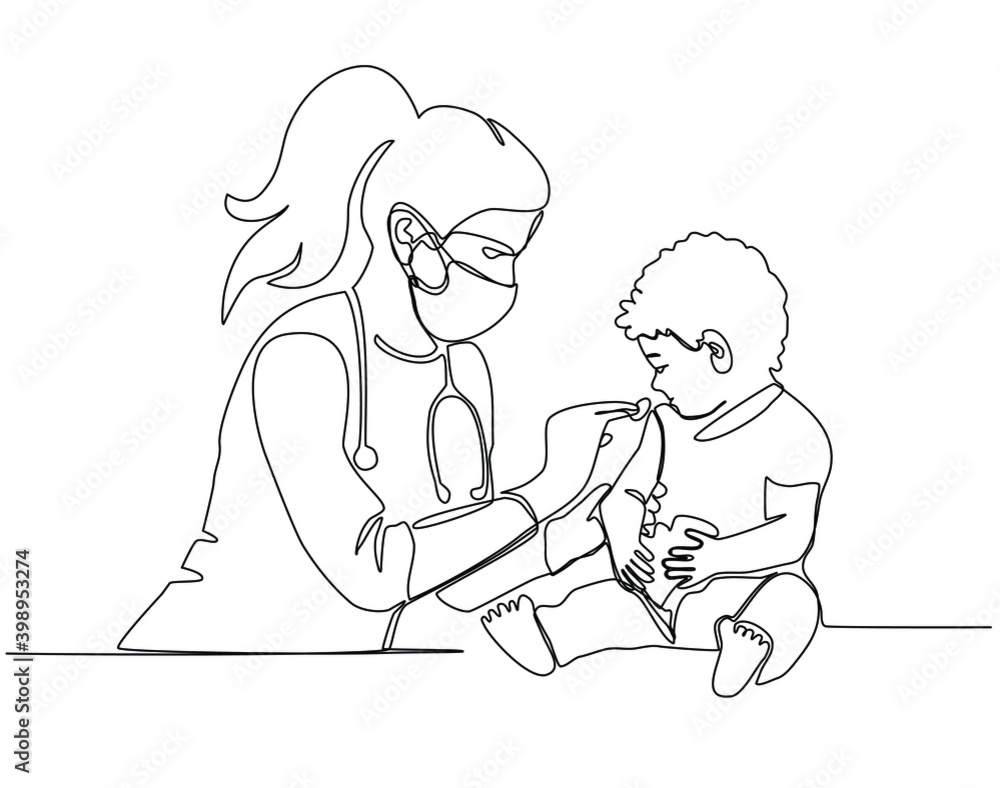 Continuous line drawing of a pediatric doctor vaccinating a little boy ...