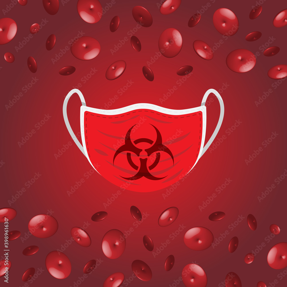 Background red cells with surgical mask biohazard symbol vector concept ...